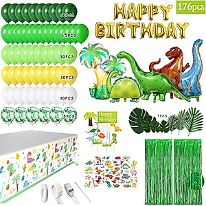 176pcs Dinosaur Birthday Party Decorations, Slmeno Dinosaur Balloon Arch Garland Kit with Dinosaur Cake Topper,HAPPY BIRTHDAY Balloons,Dinosaur Tablecloth,Curtains,Glow In The Dark Dinosaur Tattoos