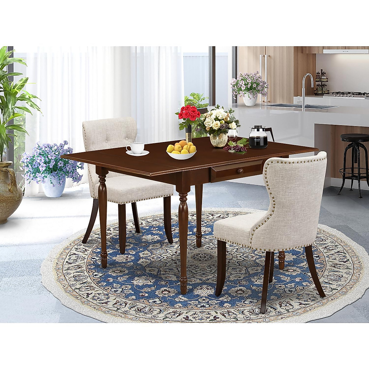 HomeStock East-West Furniture Renaissance Romance - A Dining Set of Two Excellent Kitchen Chairs Using Linen Fabric Doeskin Color and an Attractive Dining Table with Mahogany Finish