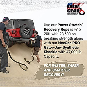 Bubba Rope Heavy-Duty Off-Road Vehicle Tow Recovery Gear Set Renegade Power Stretch Recovery Rope, 3/4” x 20’ & NexGen PRO Gator-Jaw Synthetic Shackles, 3/8” x 6.5” - Desert Tan