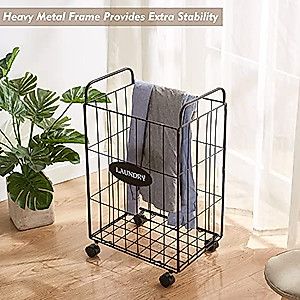 Mxfurhawa Iron Wire Laundry Hamper With Rolling Lockable Wheels, Folding Laundry Storage Basket with Handles,Detachable Liner Collapsible Dirty Laundry Hamper Cart Sorter Clothes Basket Organizer (23.6 inches)