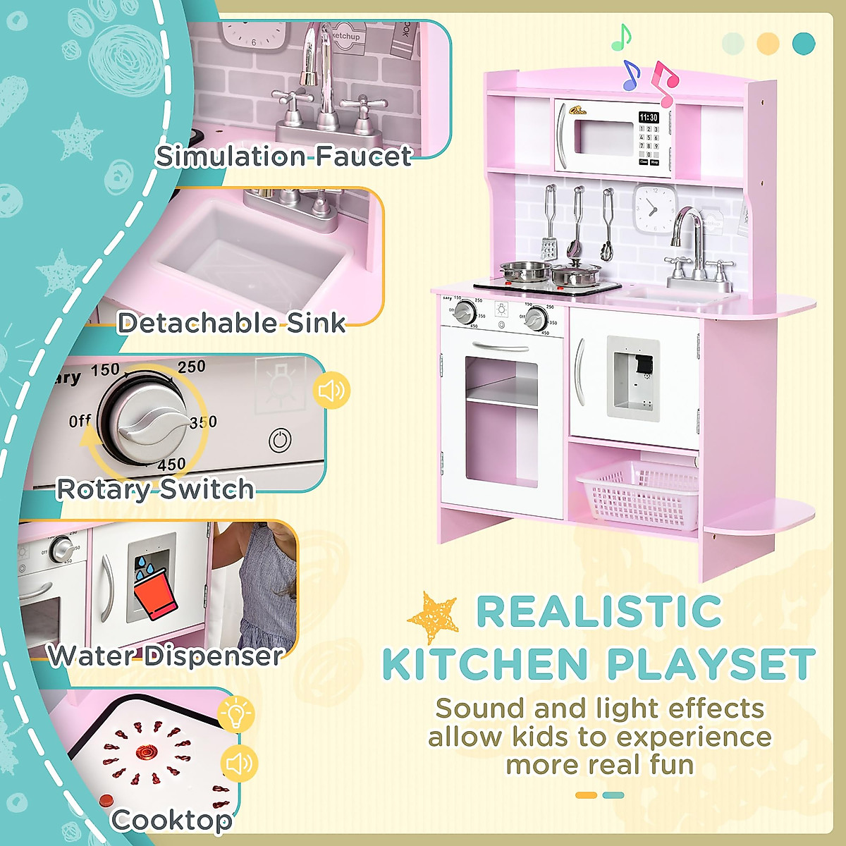 Qaba Pretend Play Kitchen Toy Set for Kids with Realistic Design, Stove Lights, Storage, Water Dispenser, for 3-6 Years Old, Pink