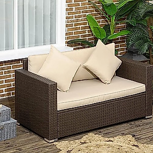 Hypeshops Outdoor Wicker Loveseat, Patio Furniture Couch with Cushions, 2 Seats PE Rattan Sofa, 2 Throw Pillows - Beige