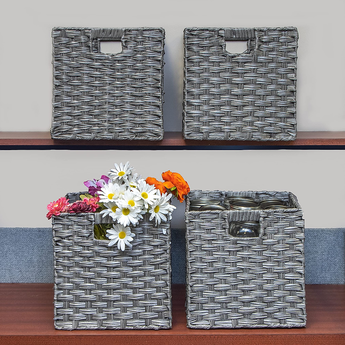 Foldable Synthetic Plastic Wicker Storage Basket with Iron Wire Frame By Blue Ridge Basket Company (Set of 4)