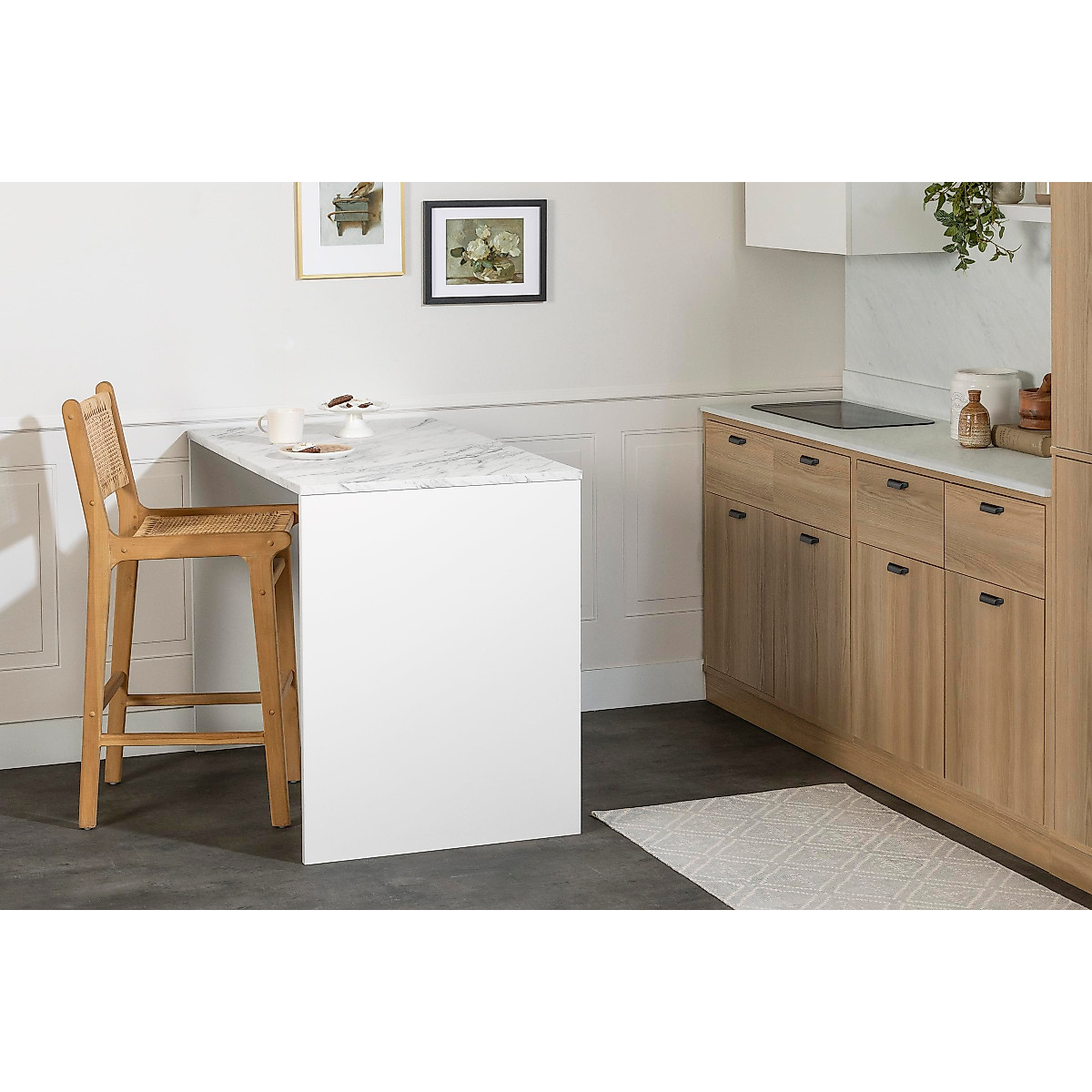 South Shore Amaro Kitchen Island with Storage, White Marble and White