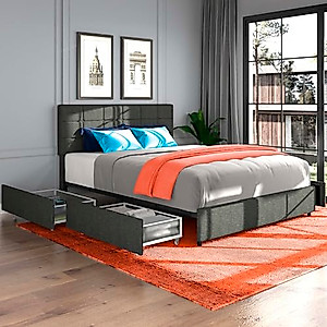PIETFIU Modern Queen Bed Frame with Adjustable Headboard and 4 Storage Drawers,Linen Upholstered Platform Bed Frame with Solid Wood Slat and Button Tufted Design,No Box Spring Needed (Queen)