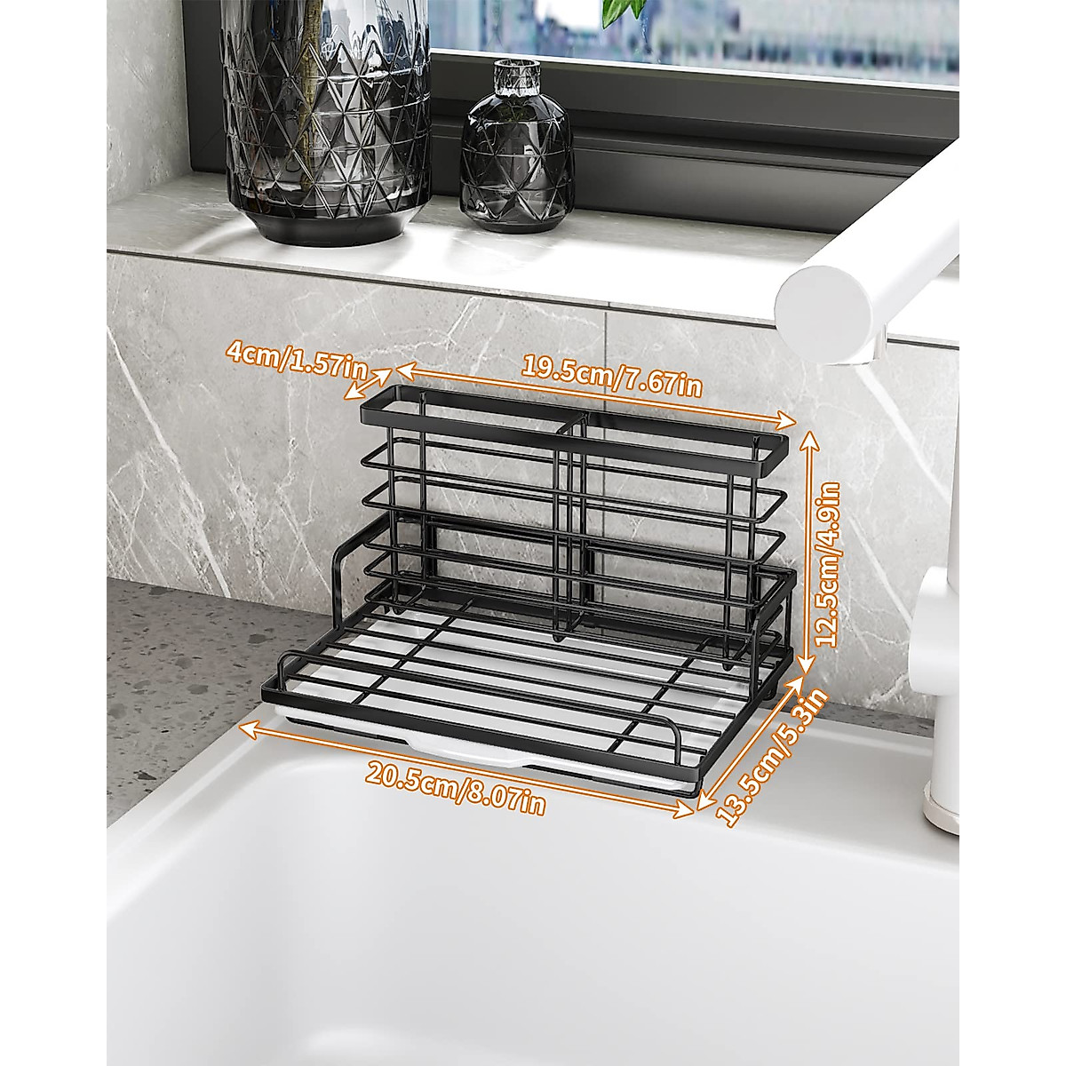 SWTYMIKI Sink Caddy Kitchen Sink Organizer, Large Capacity Sink Sponge Caddy with Pull-Out Drainage Tray Rustproof Kitchen Sponge Holder with Detachable Basket for Sponge and Brush, Black