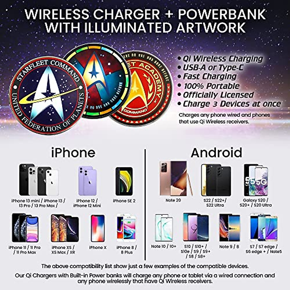 Star Trek Qi Wireless Charger with Built-in Backup Battery Pack for Wired and Wireless Charging. Portable Wireless Phone Charger with Starfleet Illuminated Logo. StarTrek Gifts, Collectibles, Gadgets