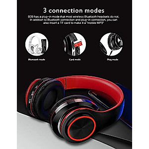 Bluetooth Headphones Over Ear Headphones with Deep Bass LED Foldable Stereo Headphones, Wired and Wireless Headset for Smart Phone/TV/PC(Red/Black)