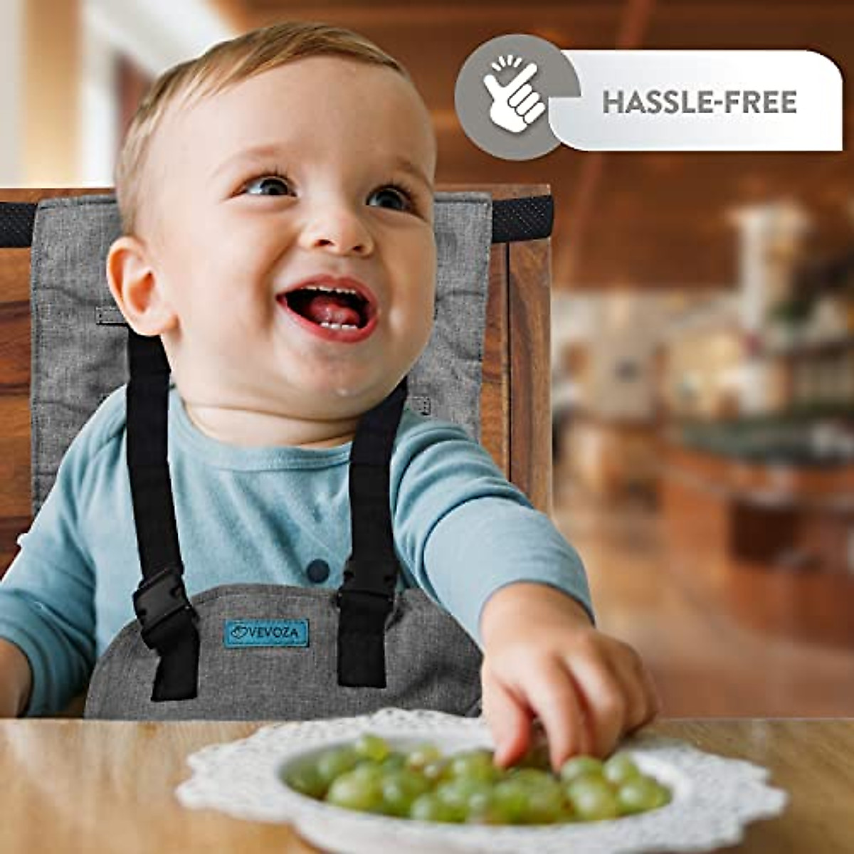 Baby Portable High Chair Booster Seat with Carry Bag by Vevoza- Cloth Harness Toddler Chair Seat with Adjustable Straps to Fit Any Chair- Machine Washable Toddler Feeding/Eating Travel Seat Accessory