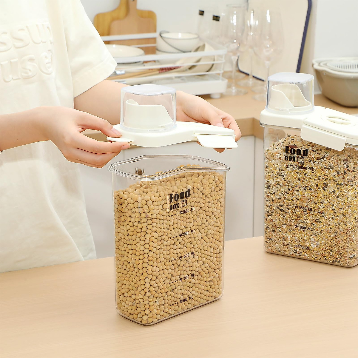 Blushtier 4 PCS Cereal Containers Storage 2.8L Airtight Large Dry Food Containers with Pouring Spout Cereal Storage Dispenser Measuring Cup for Flour and Baking Supplies, White