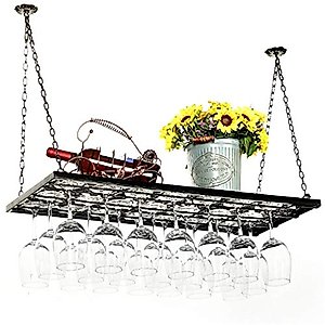 Iron Hanging Wine Glass Racks, Vineyard Chain Adjustable Ceiling Mounted Hanging Stemware Holder Wine Glass Hanger Wine Glass Organizer Rack J1028, PIBM, Black, 100cm
