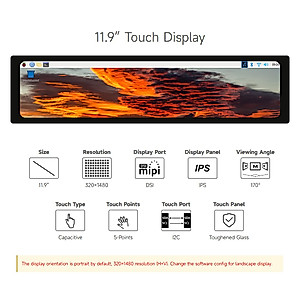 waveshare 11.9inch Capacitive Touch Display Compatible with Raspberry Pi 5/4B/3B/Zero/Zero W/Zero 2W/Pico/Pico W/Pico WH, 320×1480 Resolution IPS DSI Interface