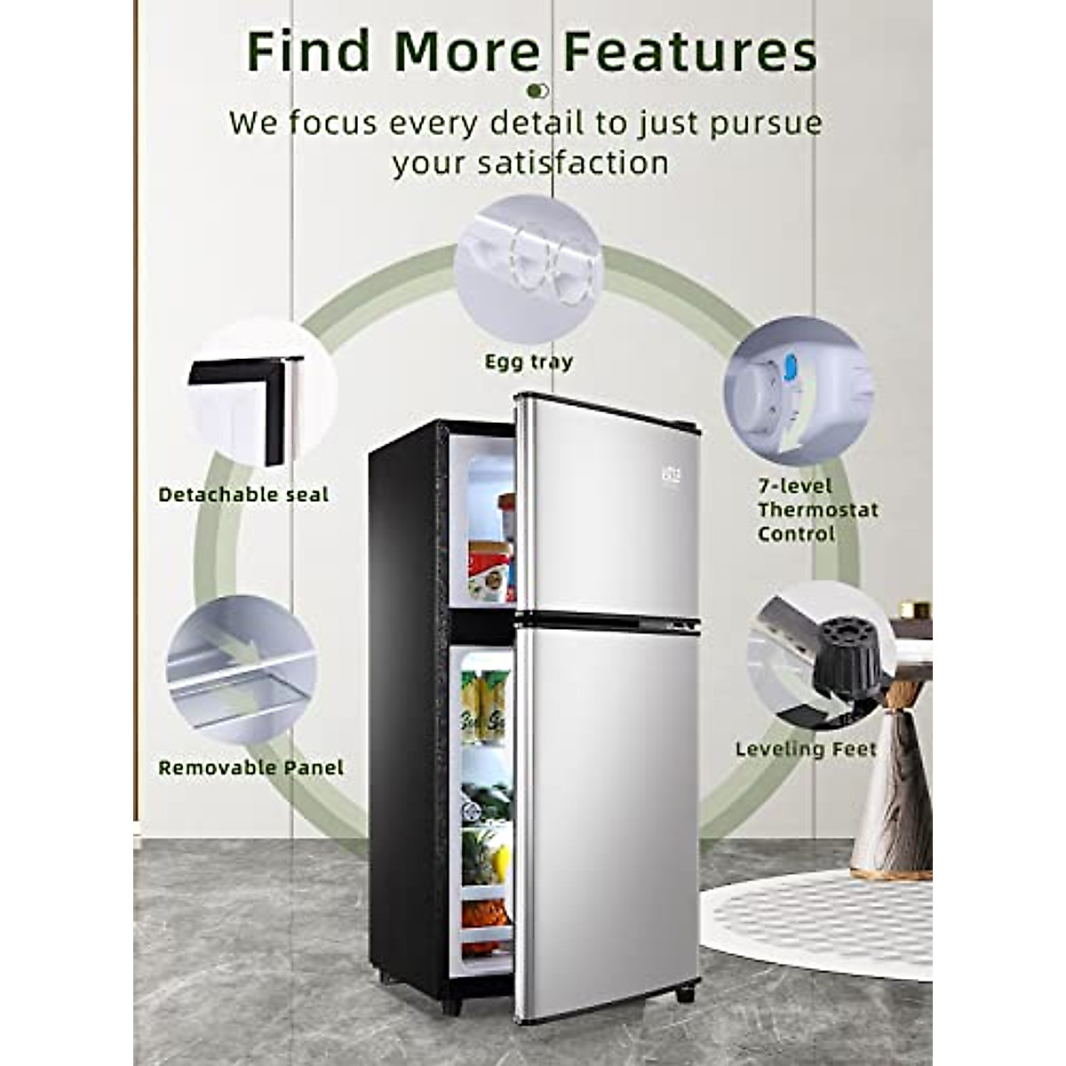 KRIB BLING 3.5 Cu.ft Compact Refrigerators with Freezer, Mini Fridge with 7 Level Temp Adjustable Thermostat, Small Fridge for Apartment, Office, Basement, Silver