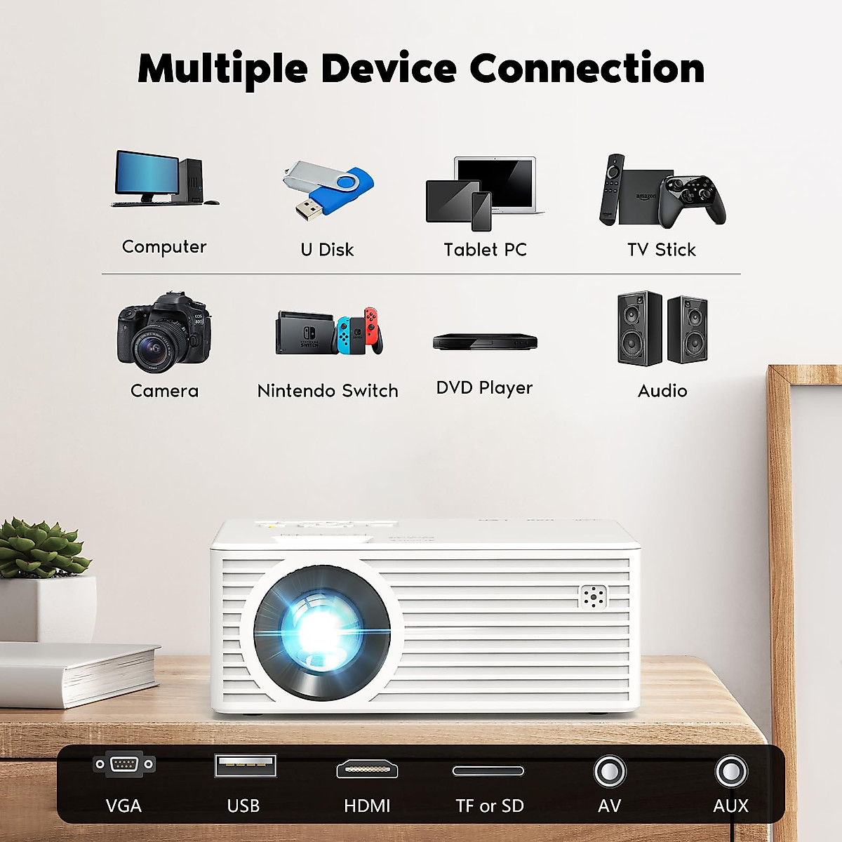 Native 1080P Mini Projector with 5G WiFi and Bluetooth (with Tripod), 4K Supported Outdoor Projector, Portable Movie Projector Compatible with TV Stick, iOS, Android, PS5, HDMI, USB, Vecupou
