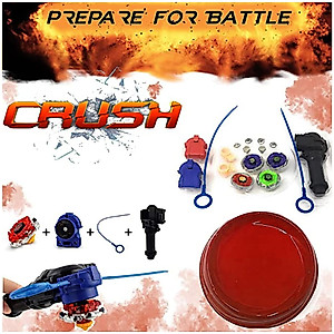 Crush Bey Battling Blades Metal Fusion Starter Set | 4 Tops, 2 Launchers, 4 Tips, 2 Bolts, 2 Fitting Keys, 1 Grip, 1 Arena