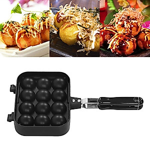 FOUF Takoyaki Grill Pan, 12 Holes Cast Iron Pan and Takoyaki Maker, Mini Pancake Mold, Cake Pop Pan Easy and Simple to Operate Electric Machine to Make Japanese Takoyaki Octopus Ball, Black
