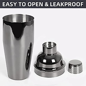 Leak-Proof 3 Pieces Cocktail Shaker -Premium Bartender Kit for Home Bartending Beginners and Pros - 24 oz Cocktail Shaker with Jigger and Spoon - Drink Shaker for Home Black