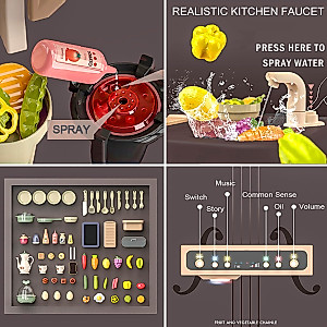 Play Kitchen - Kitchen Playset Pretend Food - Toy Accessories Set w/Real Sounds & Light, Play Sink, Cooking Stove with Steam, 65 PCS for Toddlers Kids 37 inch, Girls & Boys 3+ Years