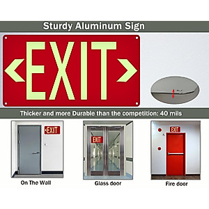 (2 Pack) Photoluminescent Exit Sign Red - with Removable Directional Arrows, With strong self adhesive tape, 14.25 x 7.5 Inches Heavy Duty Aluminum Signs, Fade Resistant