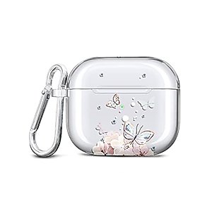 JAHOLAN AirPods 3 Case Clear Butterfly Case Cute Protective Soft Shockproof Cover with Keychain for Women Girls Compatible with AirPods 3rd Generation Wireless Charging Case - Butterfly Flower Pink