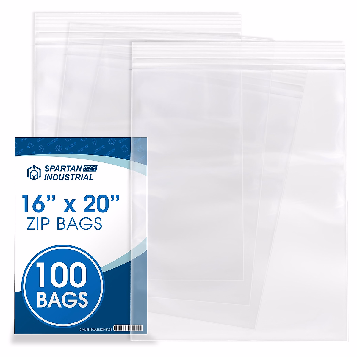 Spartan Industrial - 16” X 20” (100 Count) 2 Mil Clear Reclosable Zip Plastic Poly Bags with Resealable Lock Seal Zipper
