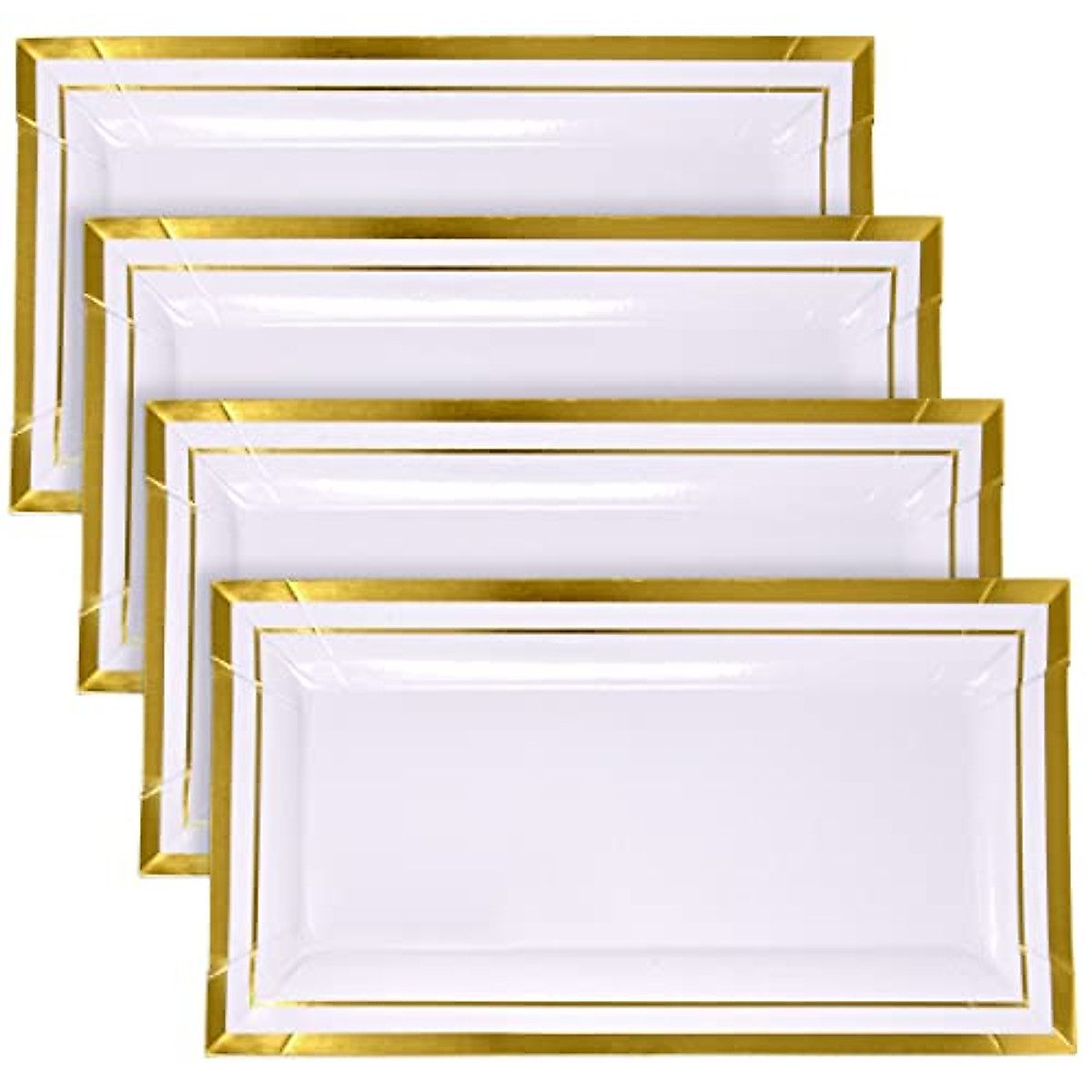 10 White Rectangle Trays with Gold Rim Border for Elegant Dessert Table Serving Parties 14" X 7.5" Heavy Duty Disposable Paper Cardboard for Platters Cupcake Display Birthday Party Weddings Food Safe