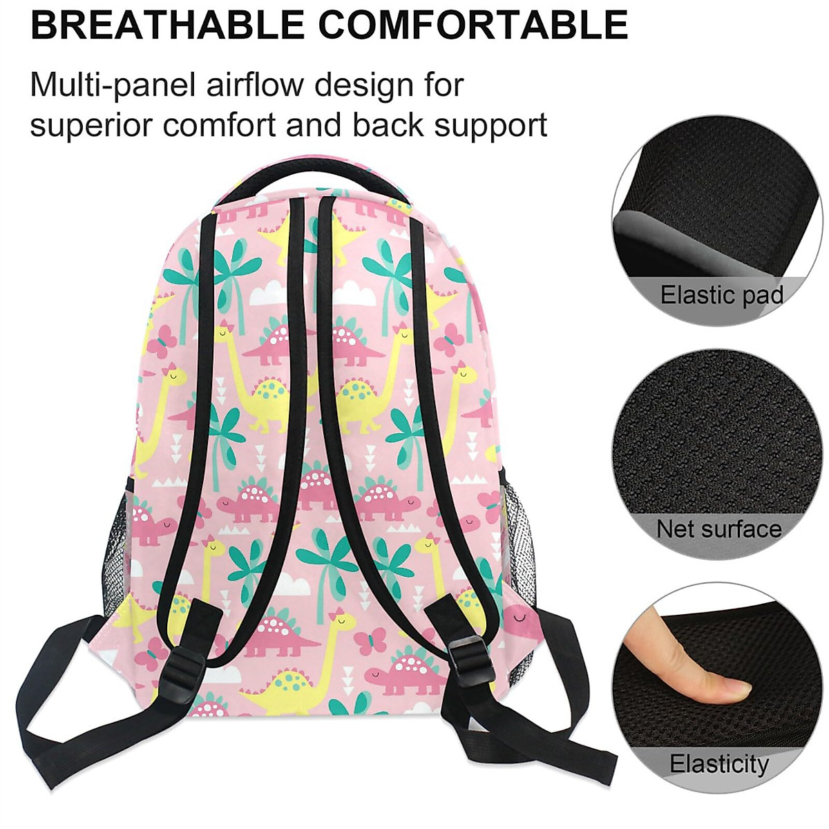 ZZKKO Pink Dinosaur Animal Pattern School Backpacks Book Bag for Boys Girls Travel Hiking Camping Daypack Work Laptop Backpack