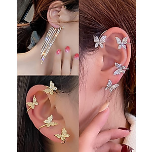 Tornito 17Pcs Ear Cuffs Chain Earrings Snake Butterfly Leaf Non Piercing Clip on Earring Fake Helix Cartilage Earrings Ear Clip Jewelry Silver Tone