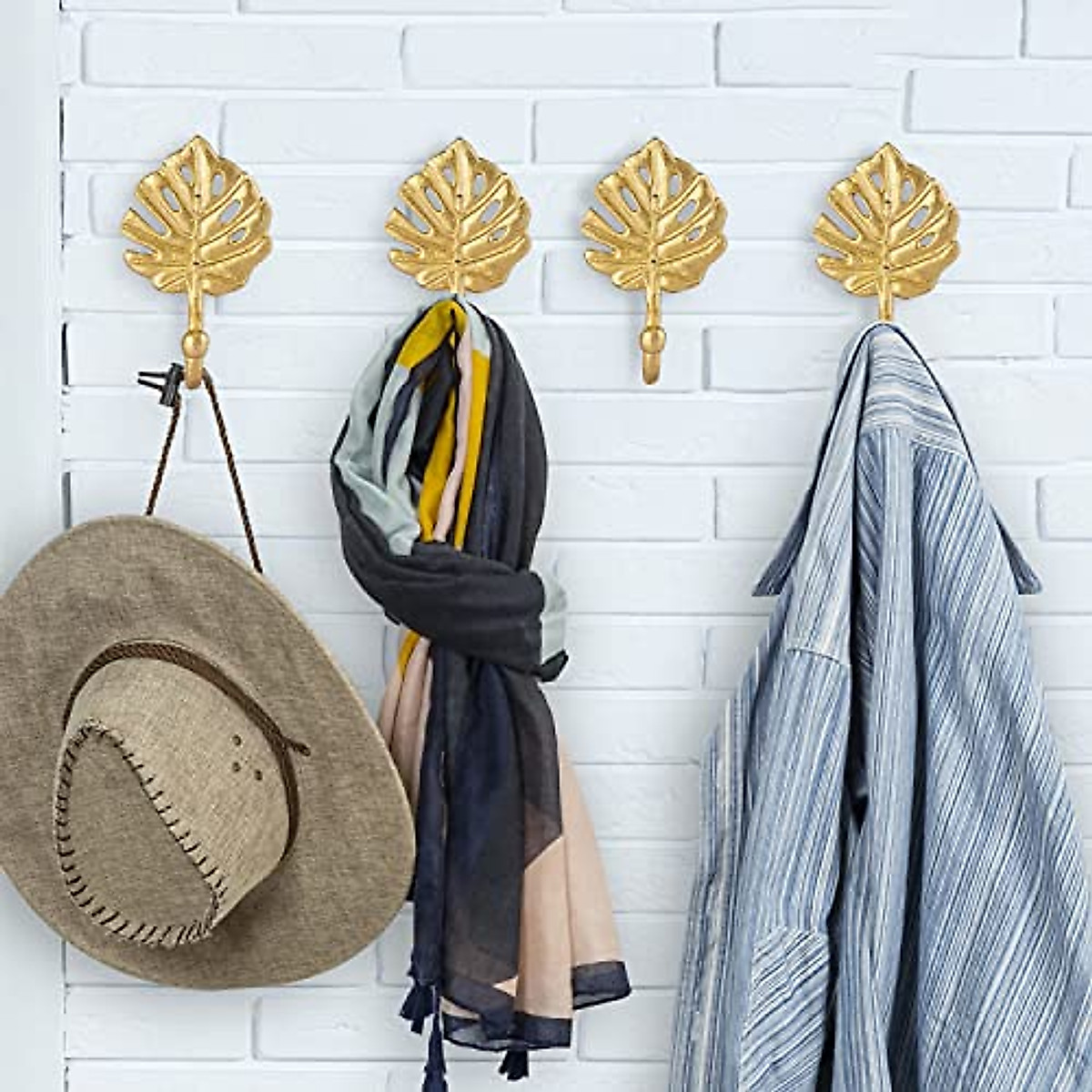 MyGift Vintage Gold Leaf Design Wall Hanging Hooks, Metal Monstera Leaves Wall Mounted Entryway Storage Coat Hooks, Set of 4 - Handcrafted in India