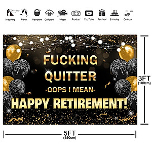 Aperturee 5x3ft Happy Retirement Backdrop Black and Gold Glitter Balloons Fucking Quitter OOPS I Means Photography Background Women Man Retirement Party Thank You Decor Photo Banner Booth Props…