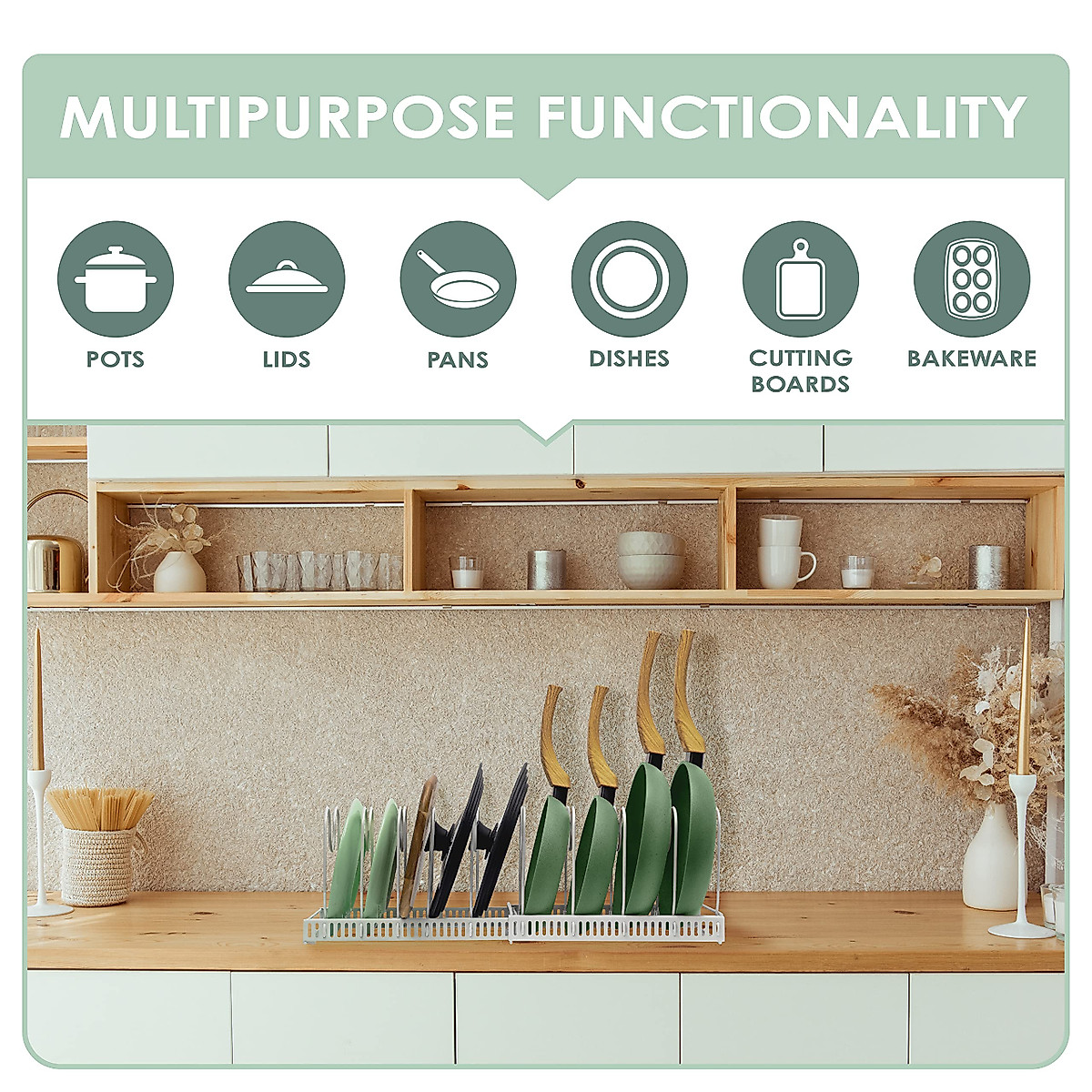 taabooh Adjustable Pot And Pan Organizer Rack - Aesthetic Pot Lid Organizer Rack - Durable Cookware Rack And Baking Pan Organizer - Expandable Horizontal Frying Pan Organizer With 10 Dividers