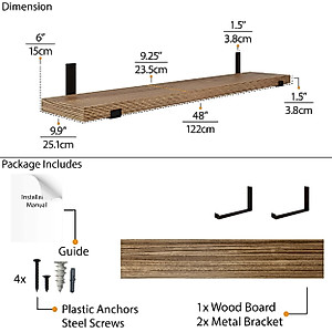 Wallniture Forte 48"x9.25" Floating Shelves for Wall Storage, Wall Bookshelf Living Room, Kitchen Floating Shelf, Wall Shelves for Bedroom, Home Office, Burnt, Wood