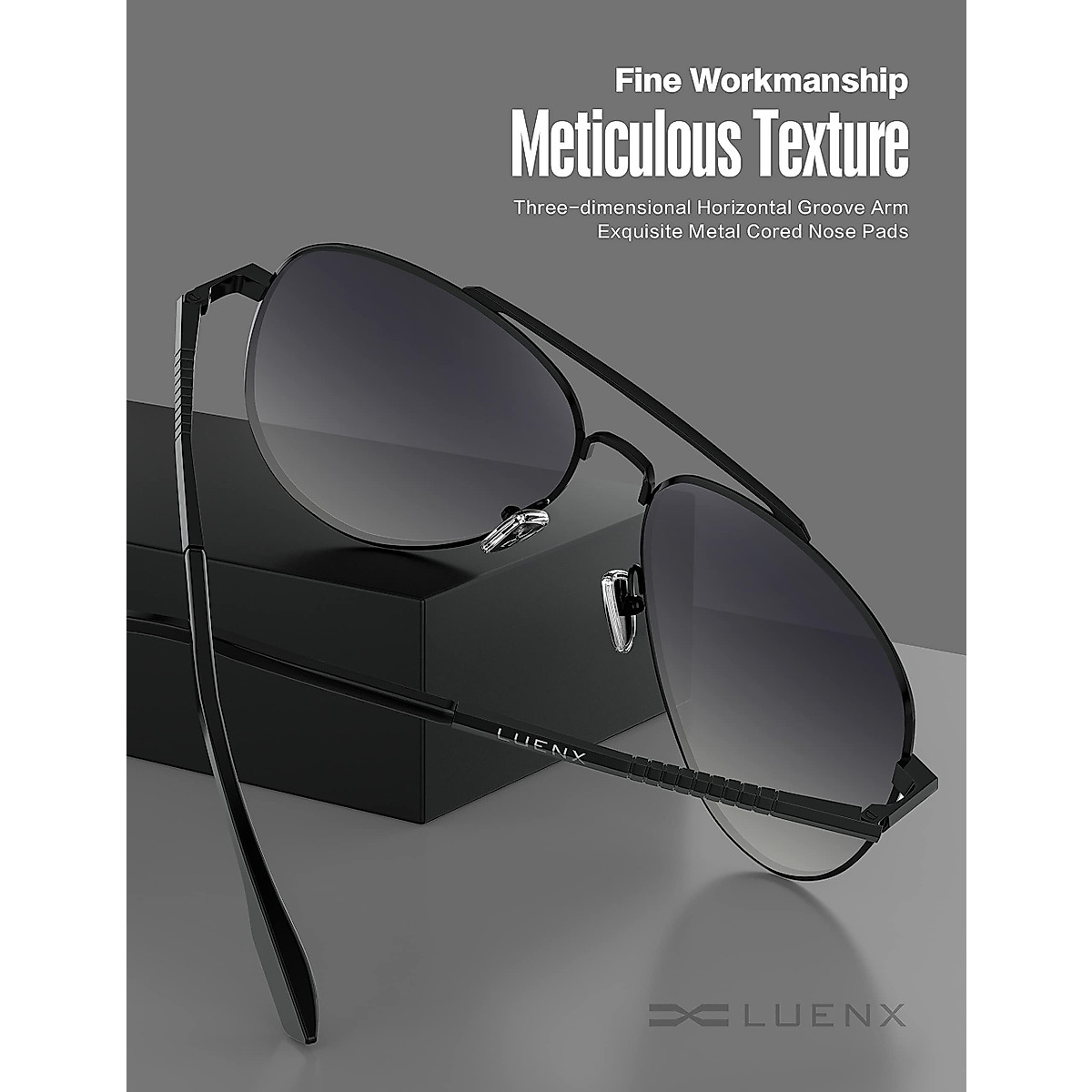 LUENX Aviator Sunglasses for Mens Womens Polarized Driving Eyewear Gradient Black Lens Metal Black Frame 60mm UV400 Protection Classic Style