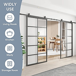 JUBEST Double Barn Door 84 x 84 in with 14FT Hardware Kit, 2 Sets of 42x84 in Clear Tempered Glass Aluminum Frame Barn Door,Pocket Interior Door, Easy Assembly，Black Top-Mounted Hardware