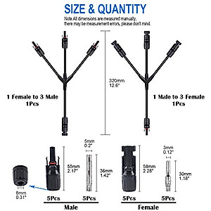Glarks Solar Panel Extension Adaptor Cables Y Branch 1 to 3 Parallel Adapter Cable Wire Plug and 5 Pair Male/Female Solar Panel Cable Connectors Set (M/FFF and F/MMM)