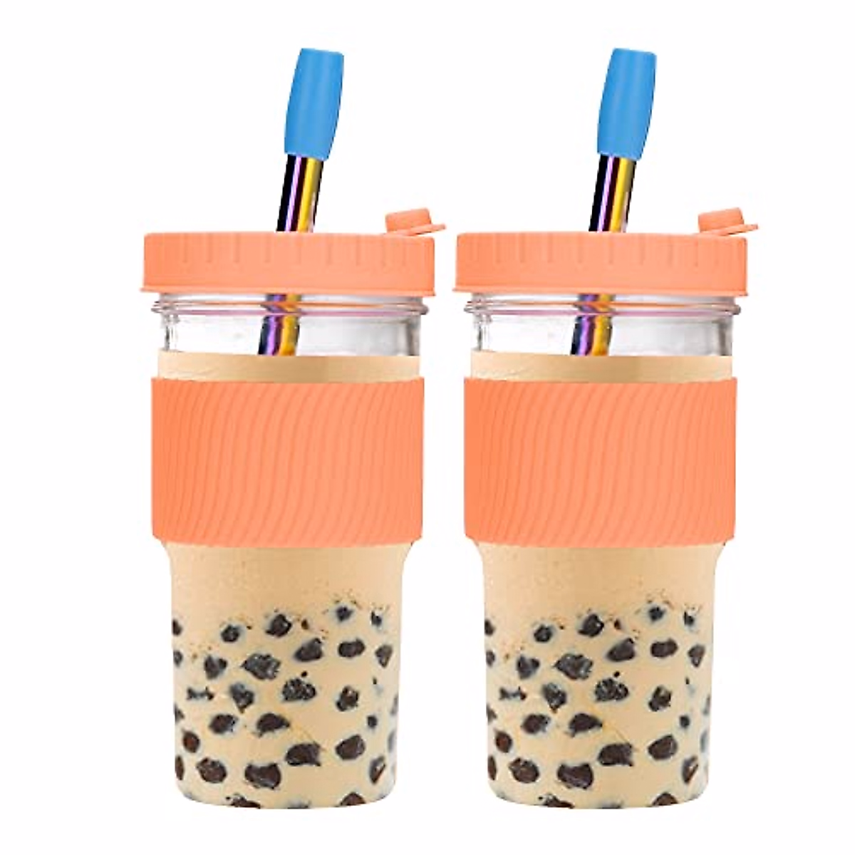 2 Pack Reusable Bubble Tea Cup , 22Oz Wide Mouth Smoothie Cups with Bamboo Lid, Silicone Sleeve & Angled Wide Straws, Leakproof Glass Mason Jars Iced Coffee Glasse Cup for Iced Coffee，Soda(Pink)