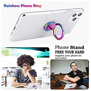 lenoup Rainbow Cell Phone Ring Stand Holder,Multicolor Ring Grip Kickstand,Iridescent 360 Rotation Metal Finger Ring for Phones,Pad