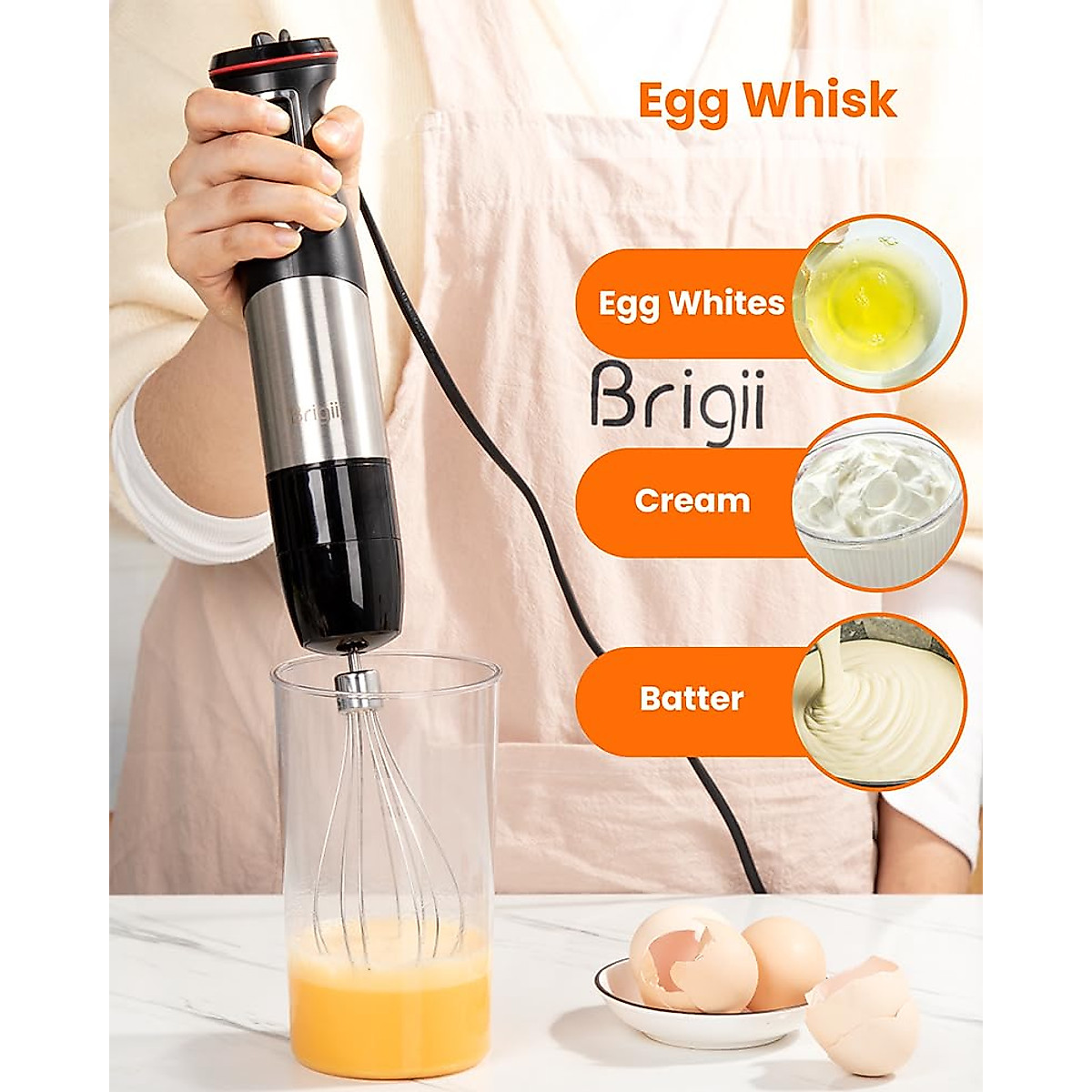 Brigii 800W Hand Blender, Immersion Hand Blender with 5 Mixing Speed, Handheld Blender Set including Blending Shaft, Food Chopper, Egg Whisk, Milk Frother, and Mixing Cup-Black