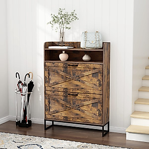 Gyfimioe Rattan Shoe Cabinet with 2 Flip Drawers, Slim Shoe Storage Cabinet for Entryway Freestanding Shoe Organizer Narrow Farmhouse Shoe Rack (Rustic Brown)