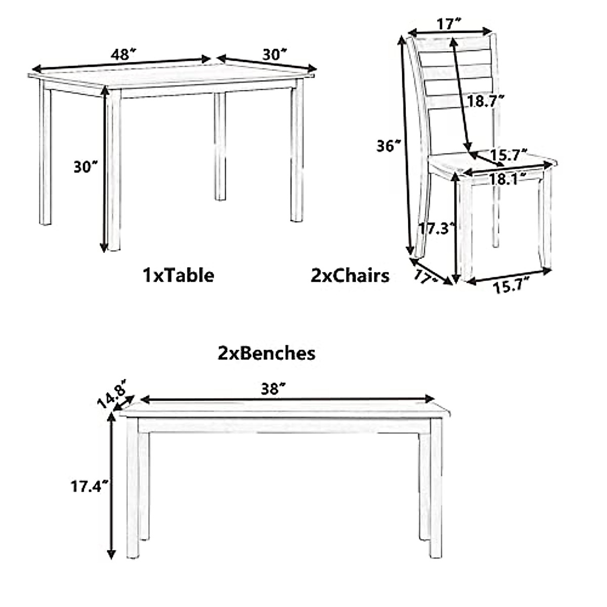 NCKMYB 5 Piece Dining Set, Rectangular Dining Table with 2 Chairs and 2 Benches, Rustic Wooden Dining Set for Kitchen Dining Room Restaurant (Grey)