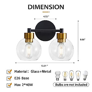 yenlacy Bathroom Light Fixtures, Black and Gold 2 Light Bathroom Vanity Light, Bathroom Lights Over Mirror with Globe Glass Shade and Metal Base, Vanity Lights for Bathroom, Stairs, Kitchen