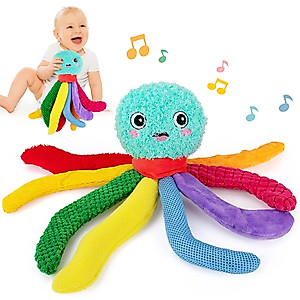 beetoy Infant Toy Baby Plush Toys, Baby Musical Toy with Octopus Shape, Stuffed Animal for Girl boys Infant, Sensory Toys for Babies Soft Toys with Crinkle & Textures, Tummy Time Toys