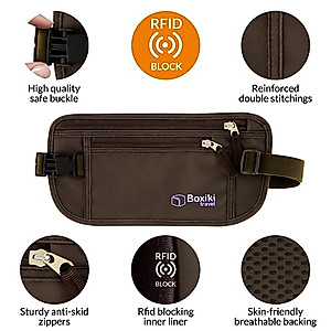 Boxiki Travel Money Belt - RFID Blocking Money Belt and Safe Waist Bag, Secure Fanny Pack for Men and Women, Fits Passport, Wallet, Phone and Personal Items. Running Belt, Waist Pack (Brown)