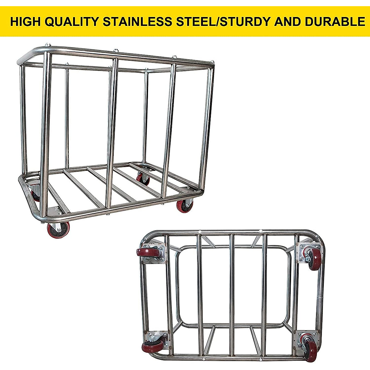 Large Stainless Steel Laundry Cart with Wheels,Basket Bulk Truck Commercial, Stainless Steel Heavy Duty Rolling Laundry Cart for Industrial/Home/Hotel