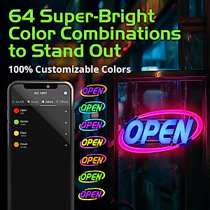 GLI Led Open Sign for Business – Stand Out with 64 Super-Bright Color Combos to Match Your Brand, Programmable App – Neon Flash, or Scroll – 15 x 32 inch