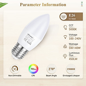 DiCUNO ProOE Eye-Protected E26 LED Bulb, High CRI 98, 5W E26 Candle Bulb, Daylight White 5000K, C37 40W Halogen Equivalent Decorative Light Bulb Replacement for Chandelier, Non-dimmable 6 Pack