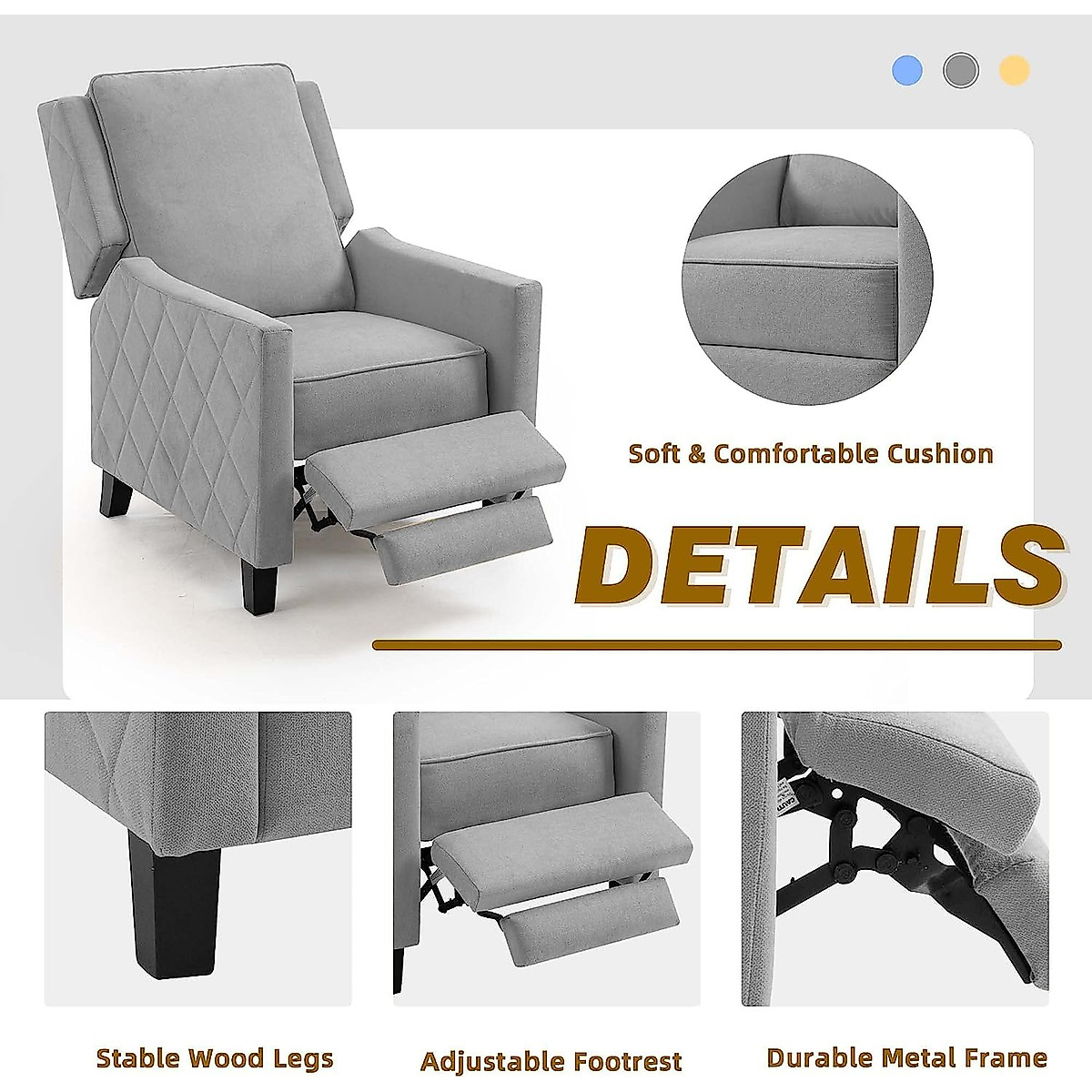 AVAWING Push Back Recliner Chair Set of 2, Wing Back Chairs with Arms, Mid-Century Vintage Accent Chair for Living Room, polyester, Grey