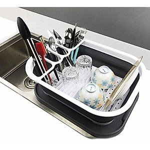 SAMMART 12L (3.17 Gallon) Collapsible Dish Drainer with Tray - Foldable Drying Rack Set - Portable Dinnerware Organizer - Space Saving Kitchen Storage Tray (1, White/Dark Grey)