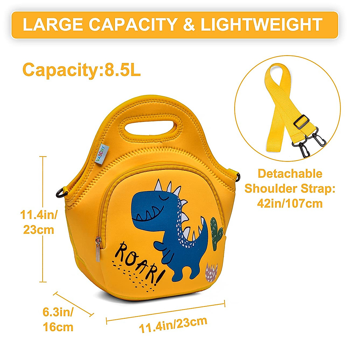 VASCHY Lunch Bag for Kids, Insulated Neoprene Lightweight Lunch Box Bag for Children Boys and Girls School Daycare Kindergarten Yellow Dinosaur