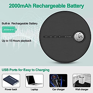 Rechargeable Portable CD Player with Bluetooth,ZUNKOM Compact Anti-Skip Walkman CD Player with Headphones &Dual Stereo Speakers for Home/Travel,Support CD MP3 USB AUX Input,2000mAh (Black)